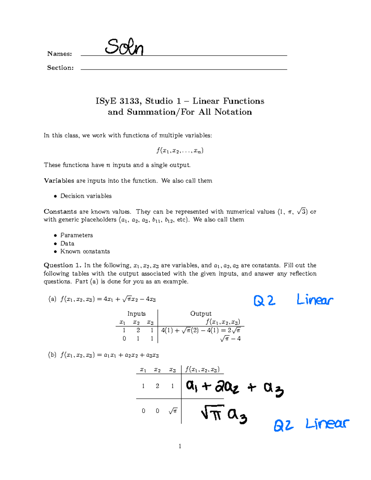 Studio 1 Solutions: ISyE 3133 Linear Functions & Notation - Studocu