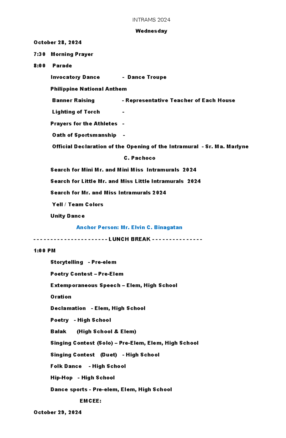 Intrams 2024: Schedule and Events for the Intramural Activities - Studocu