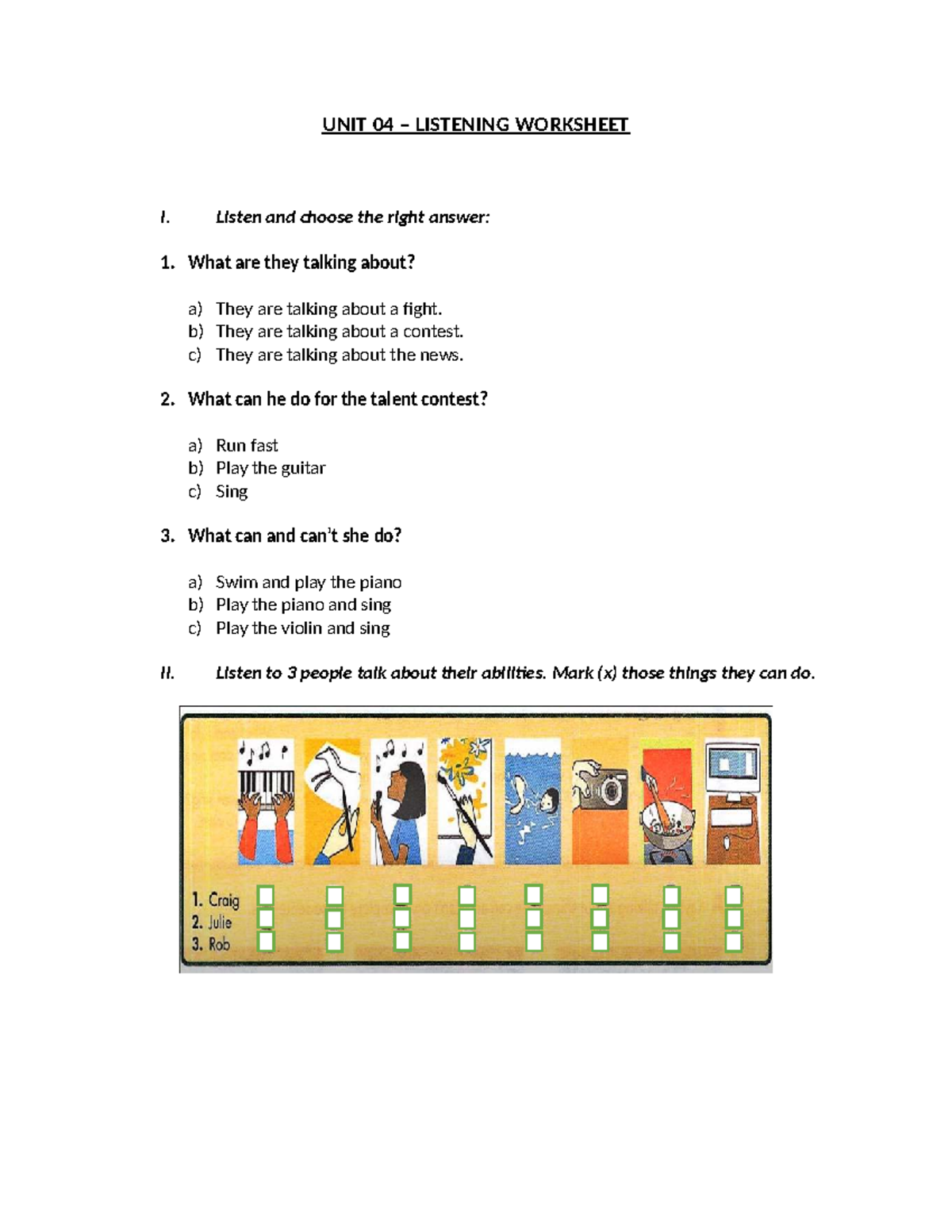 UNIT 04 – Listening Worksheet - UNIT 04 – LISTENING WORKSHEET I. Listen ...