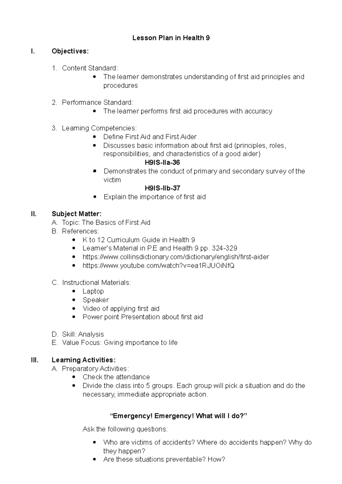 Health 9 Lesson Plan: Understanding First Aid Principles & Skills - Studocu