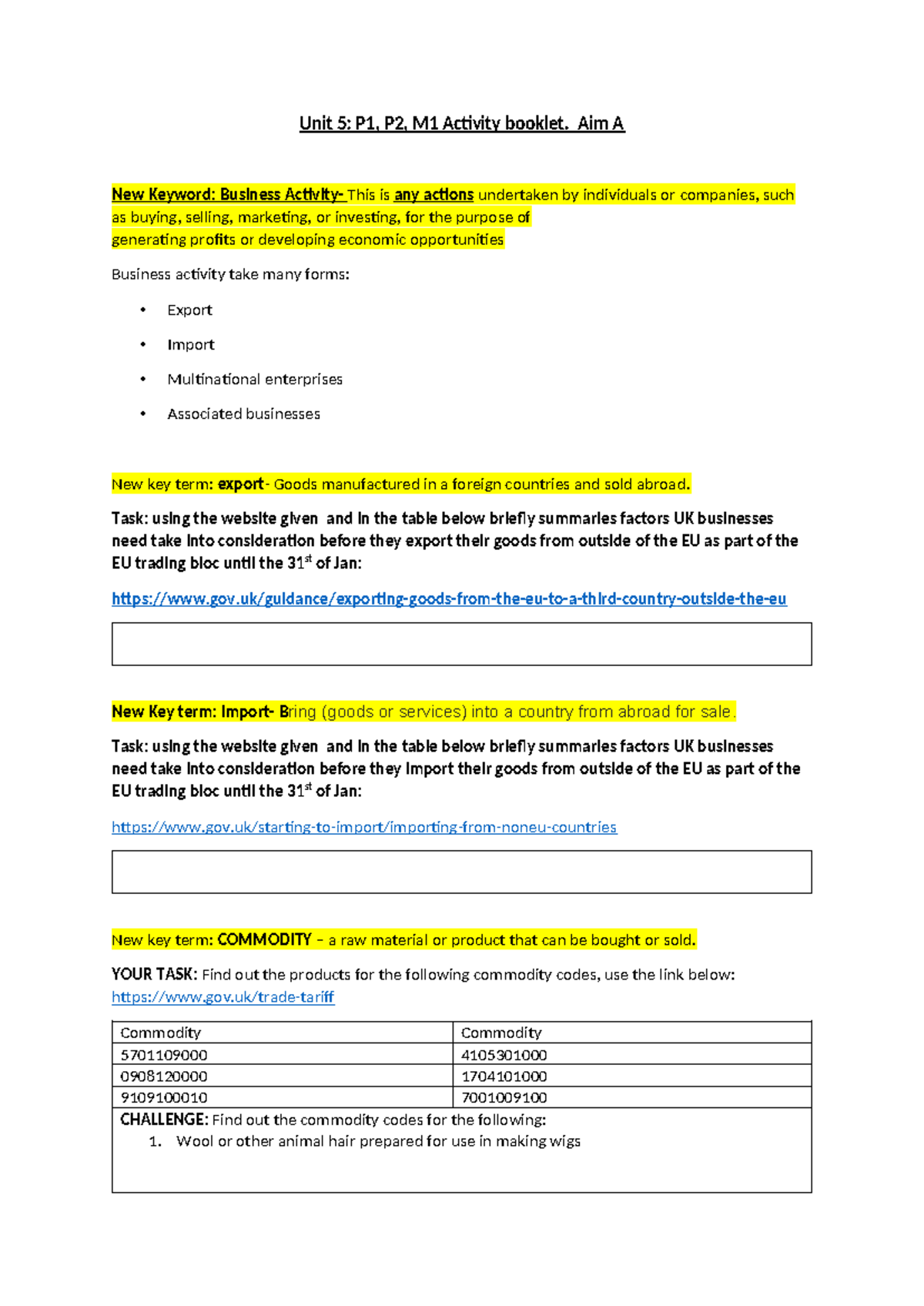 BTEC U5: Aim A Activity Booklet on International Business Factors - Studocu