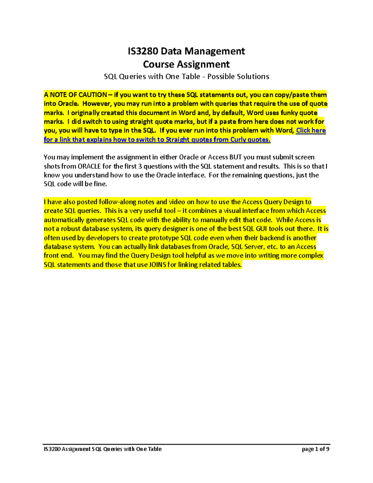 IS 3280 Assignment: SQL Queries with One Table Solutions - Studocu