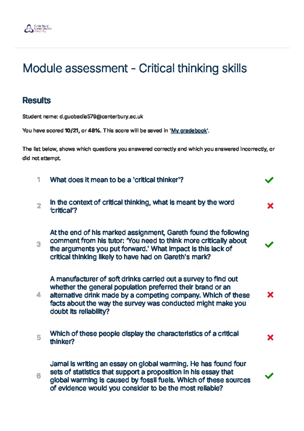 Module Assessment - Critical Thinking Skills Results - Studocu
