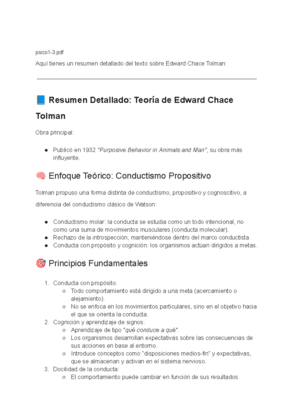 Resumen de la Teoría de Edward Chace Tolman - Psico 1-3 - Studocu