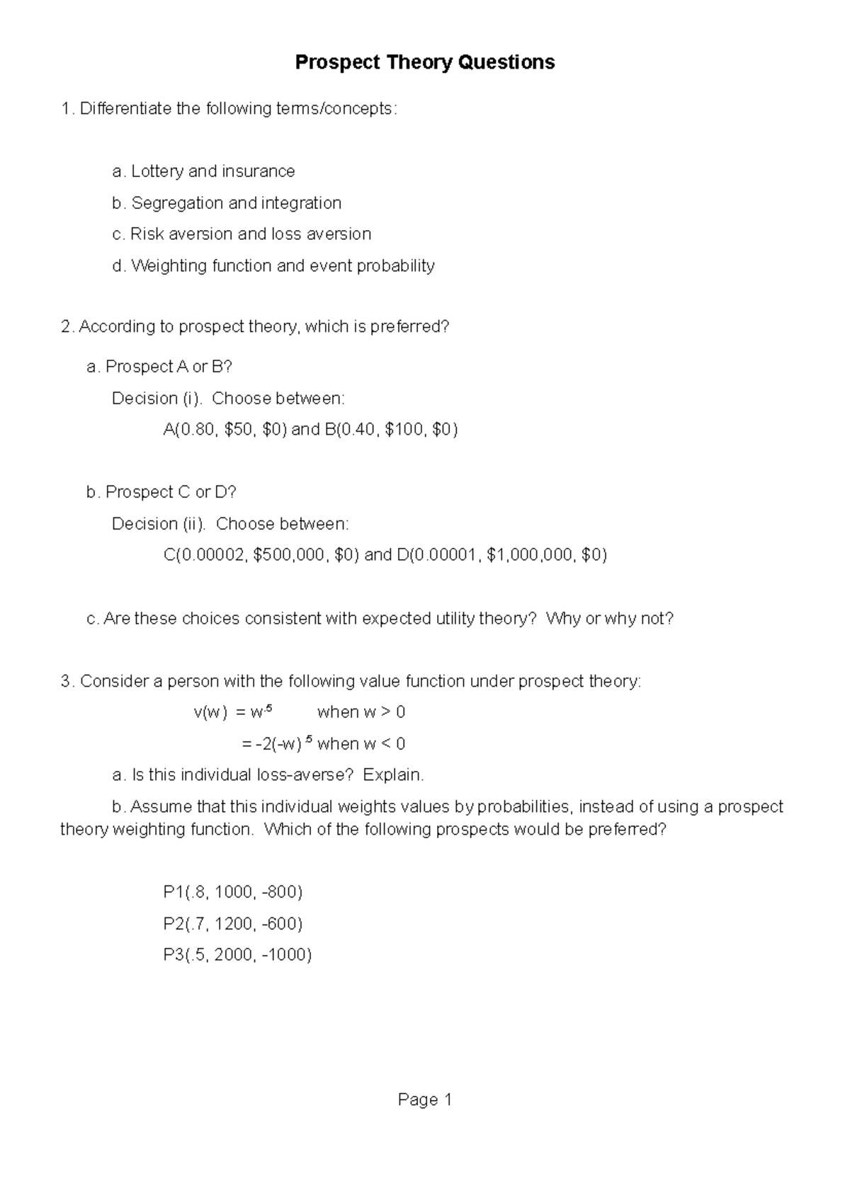 Prospect Theory Problems & Solutions: Analysis & Explanations - Studocu