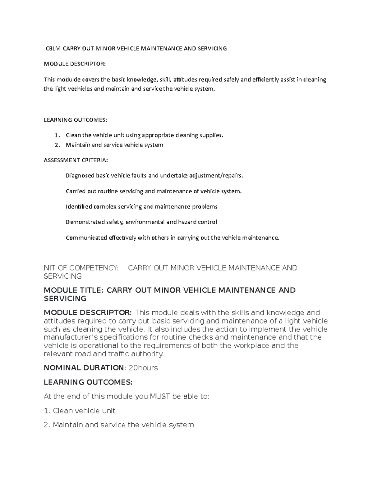 CBLM Minor Vehicle Maintenance & Servicing Module Overview - Studocu