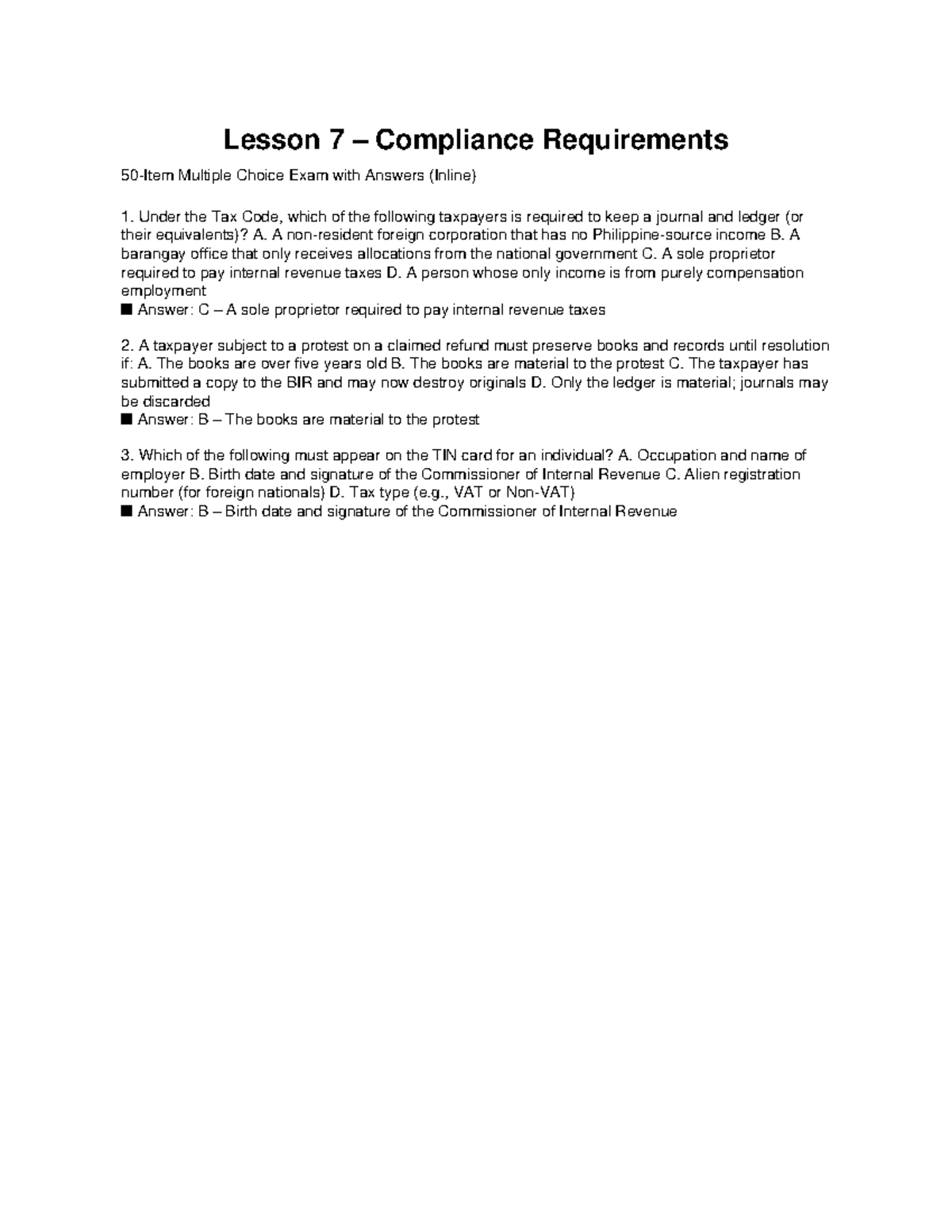 Lesson 7 Compliance Requirements MC Exam with Answers - Studocu