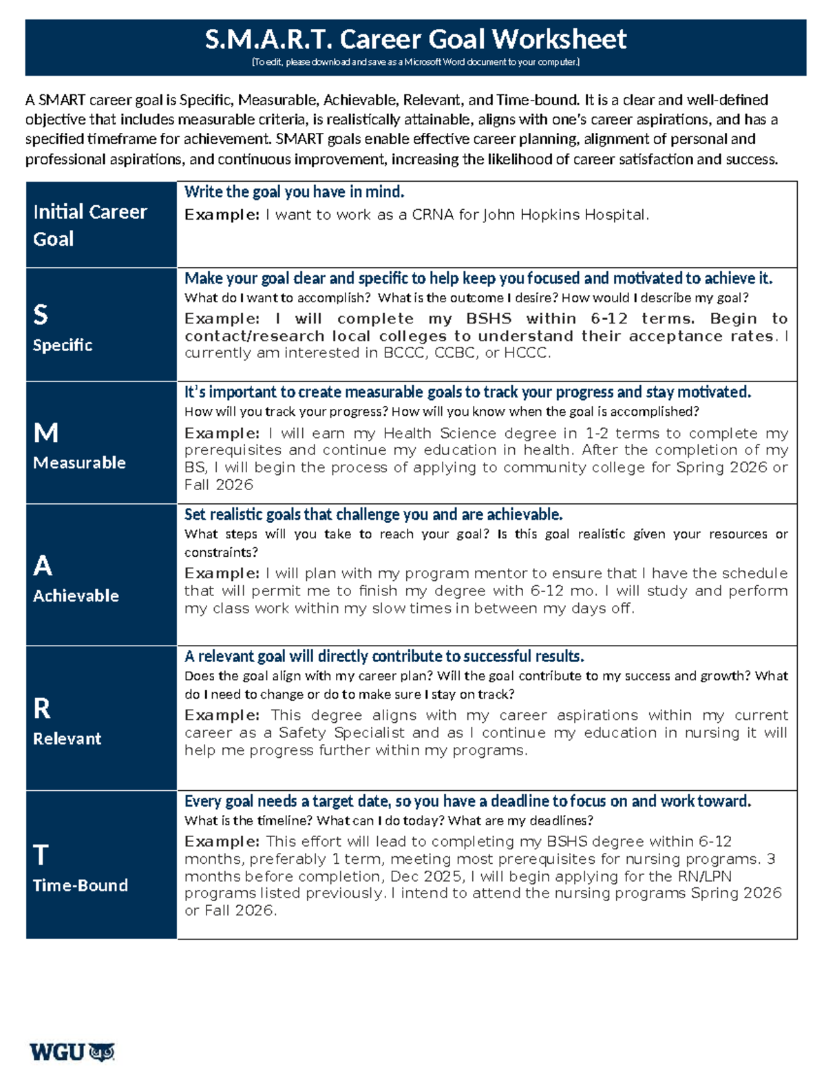 Smart goal worksheet for career planning and achievement - Studocu