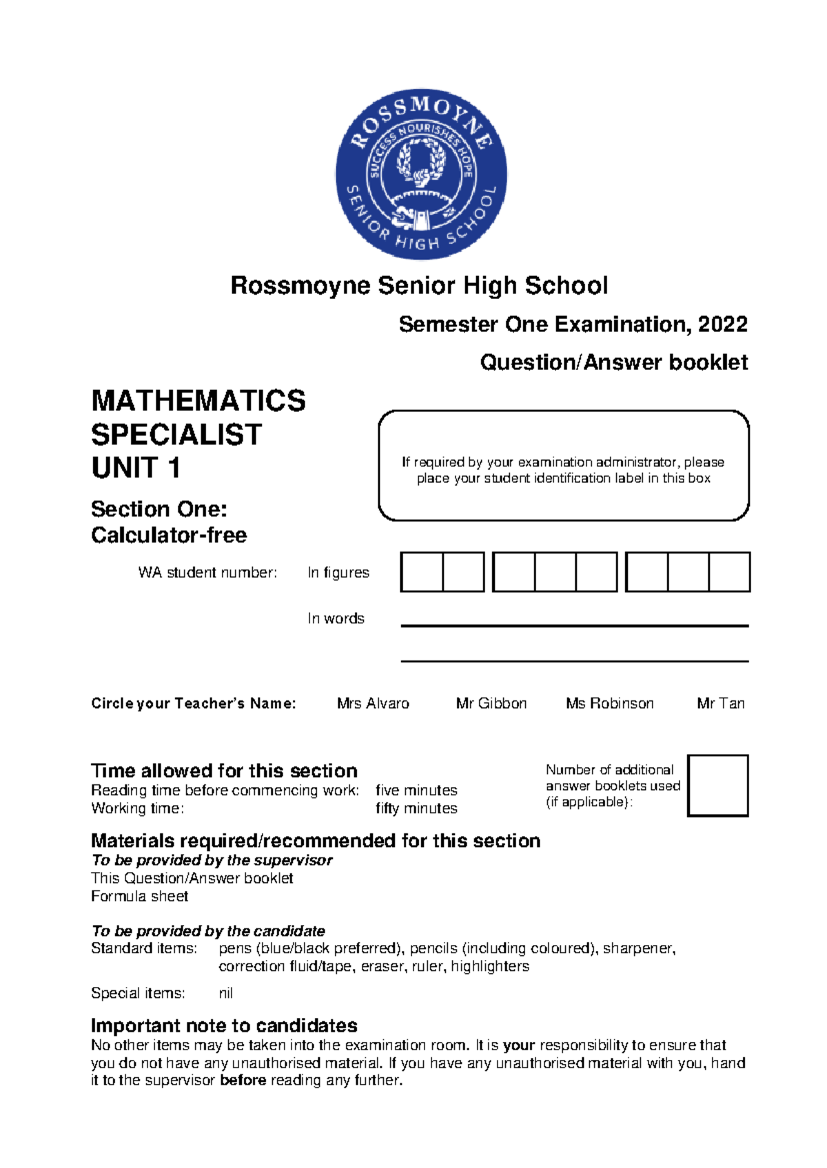 WAEP 2022 YR11 SPEC U1 S1 v3 - Rossmoyne Senior High School Semester ...