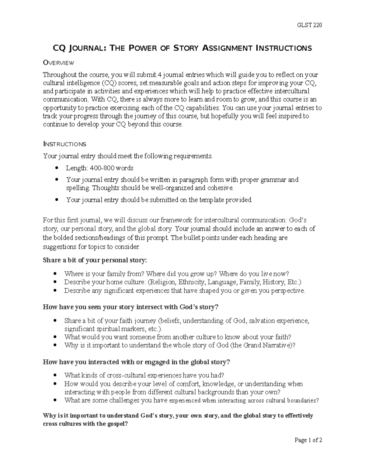 GLST 220 CQ Journal The Power of Story Assignment Instructions - GLST ...