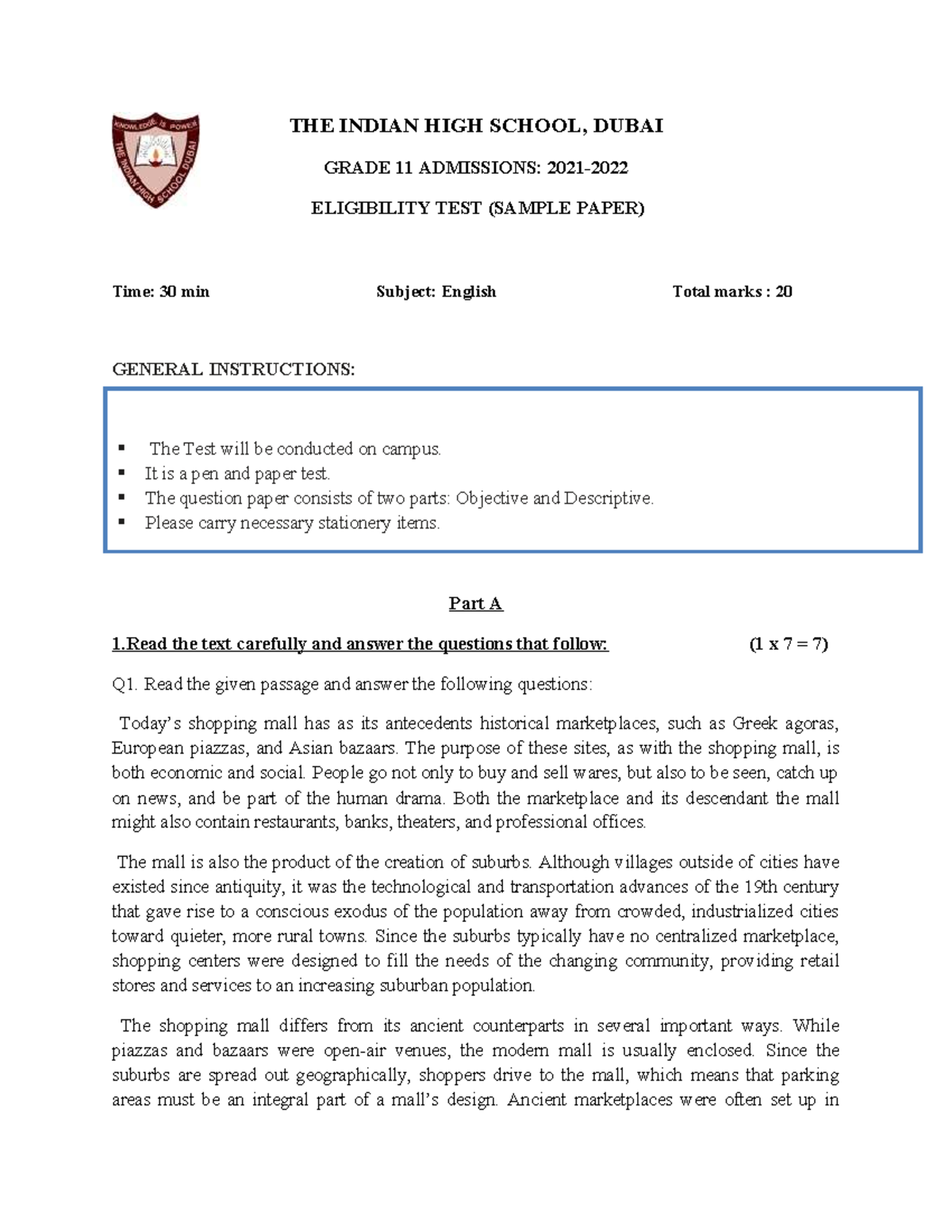 English Sample Question Paper: Grade 11 Admissions Eligibility Test ...