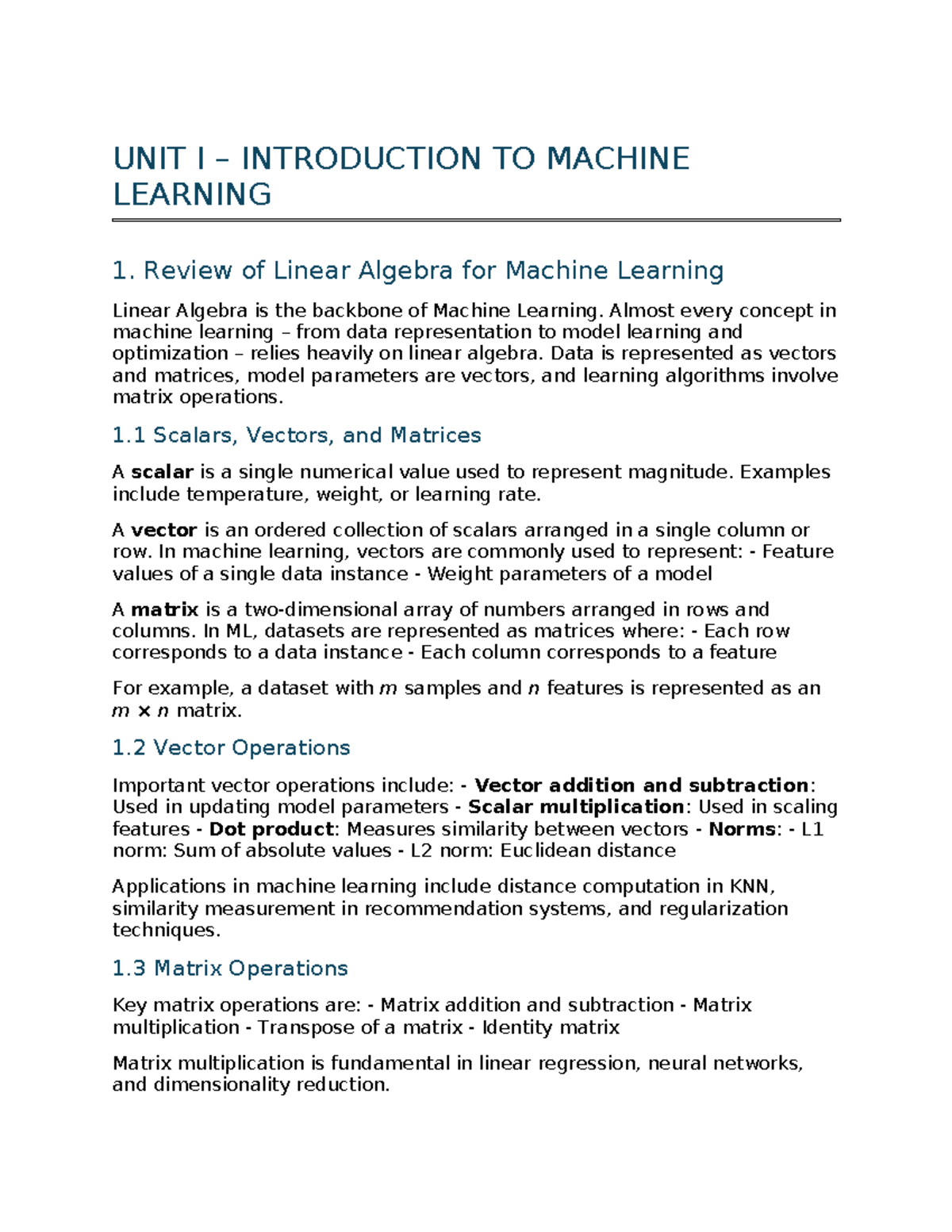 Unit I – Intro to Machine Learning: Foundations & Key Concepts - Studocu