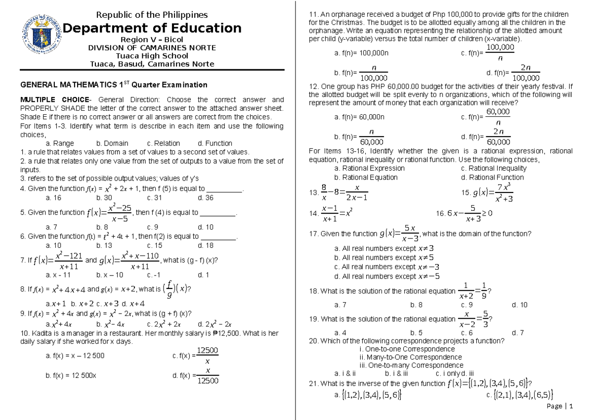 1st Quarter Examination - ####### Republic of the Philippines ...