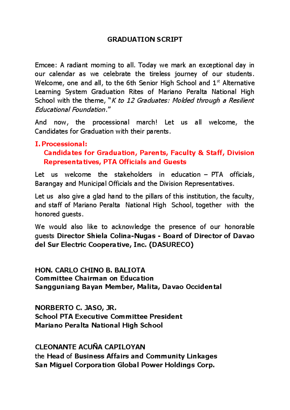 Graduation Script for SHS & ALS Ceremony - MPNHS - Studocu