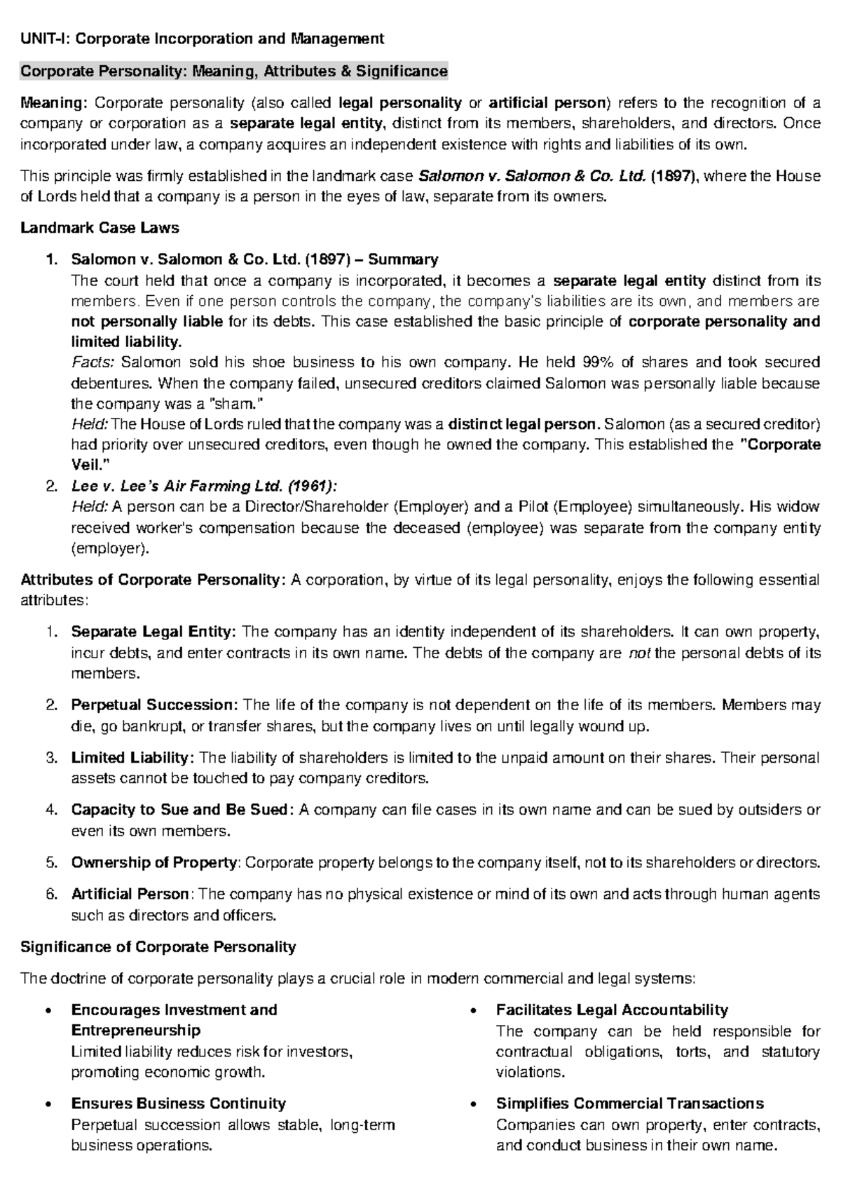 Corporate Governance Notes: Understanding Corporate Personality and ...
