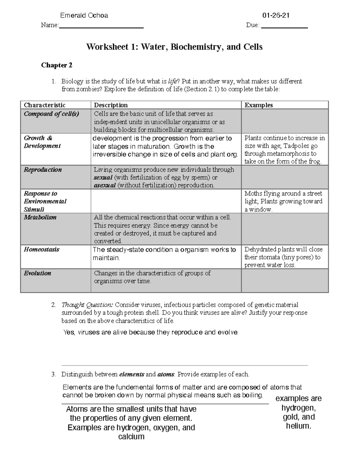 Worksheet 1: Biochemistry, Water, & Cells Overview (Bio 101) - Studocu