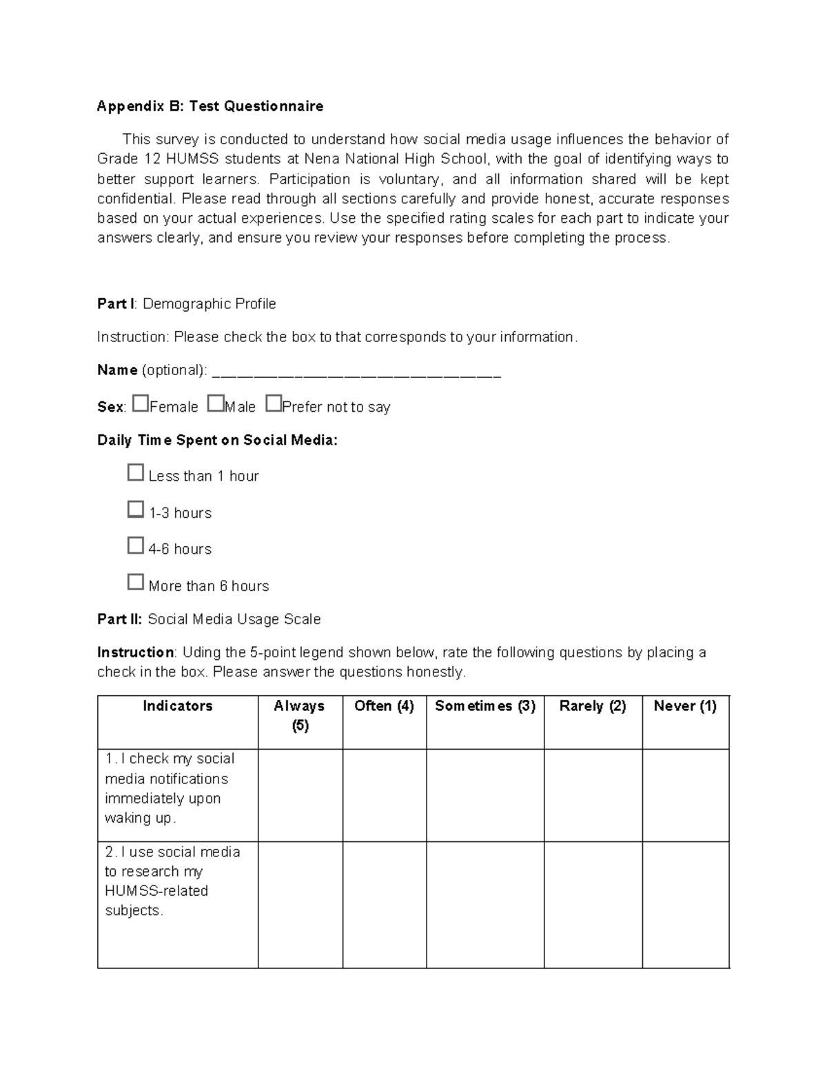 HUMSS 12: Social Media Influence Survey Questionnaire - Studocu