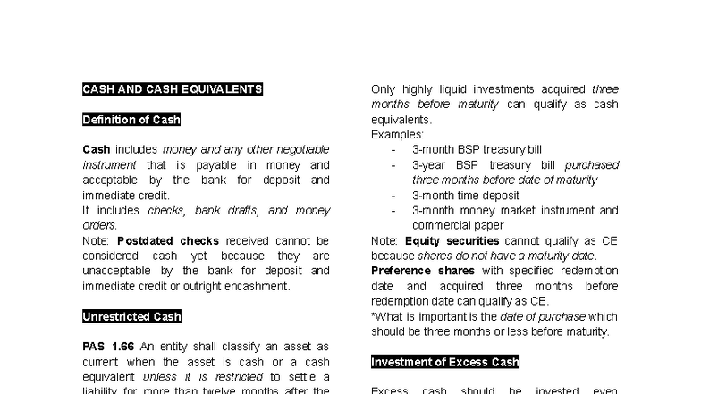 Cash and Cash Equivalents: Comprehensive Review for JCVL, CPA - Studocu