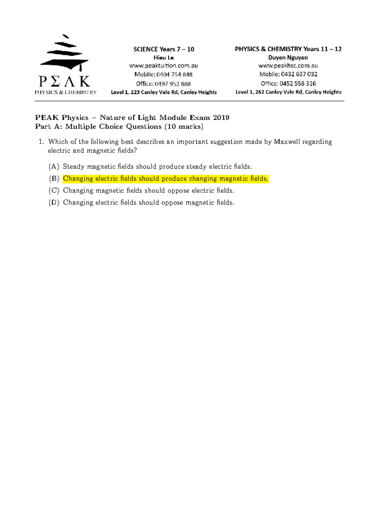 PEAK Physics Nature of Light Module Exam 2019: Part A & B Solutions ...