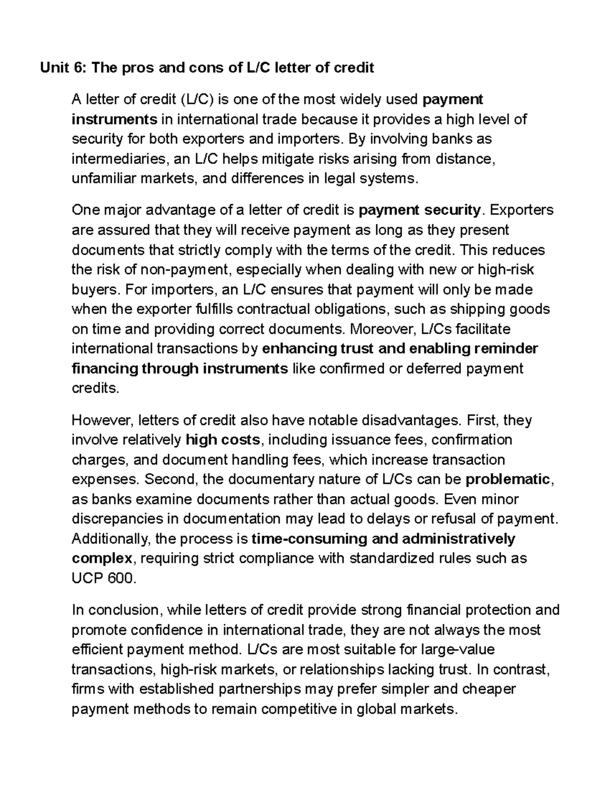 Unit 6: Pros and Cons of Letters of Credit in International Trade - Studocu
