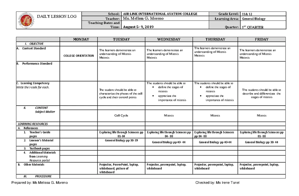 SHS General Biology 1 Daily Lesson Log - Quarter 1, Week 3 - Studocu