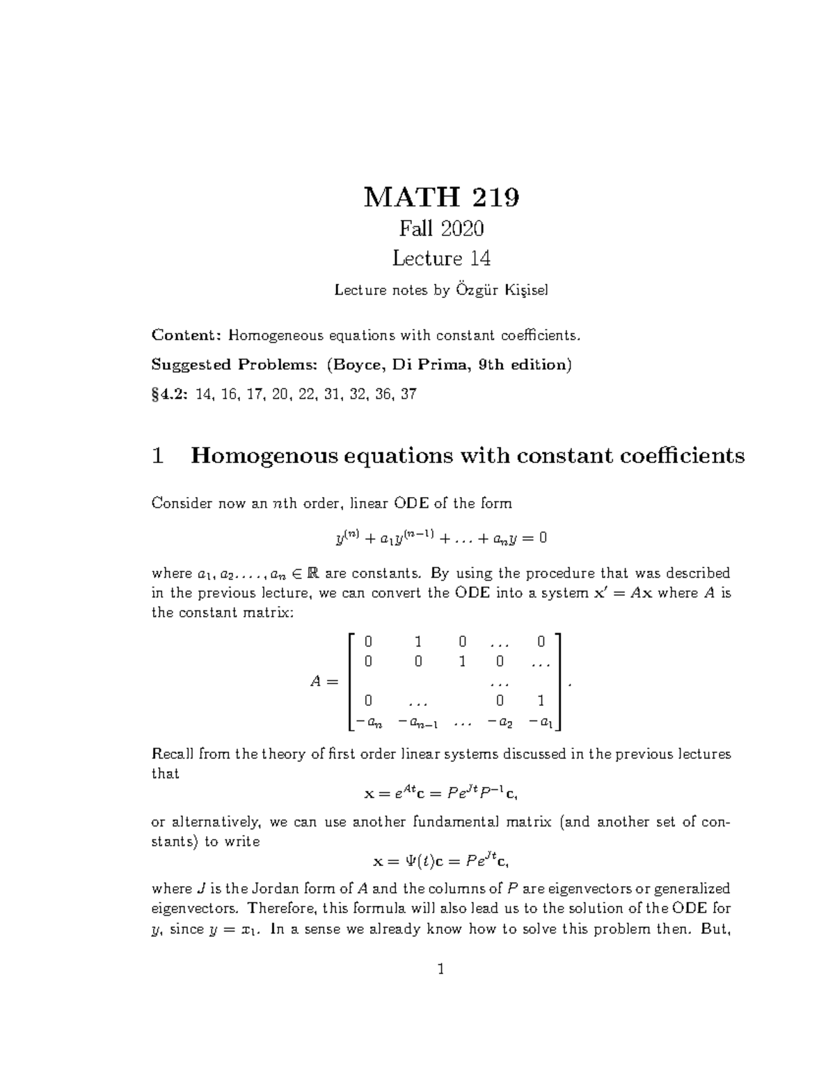 MATH219 Lecture 14: Homogeneous Equations with Constant Coefficients ...