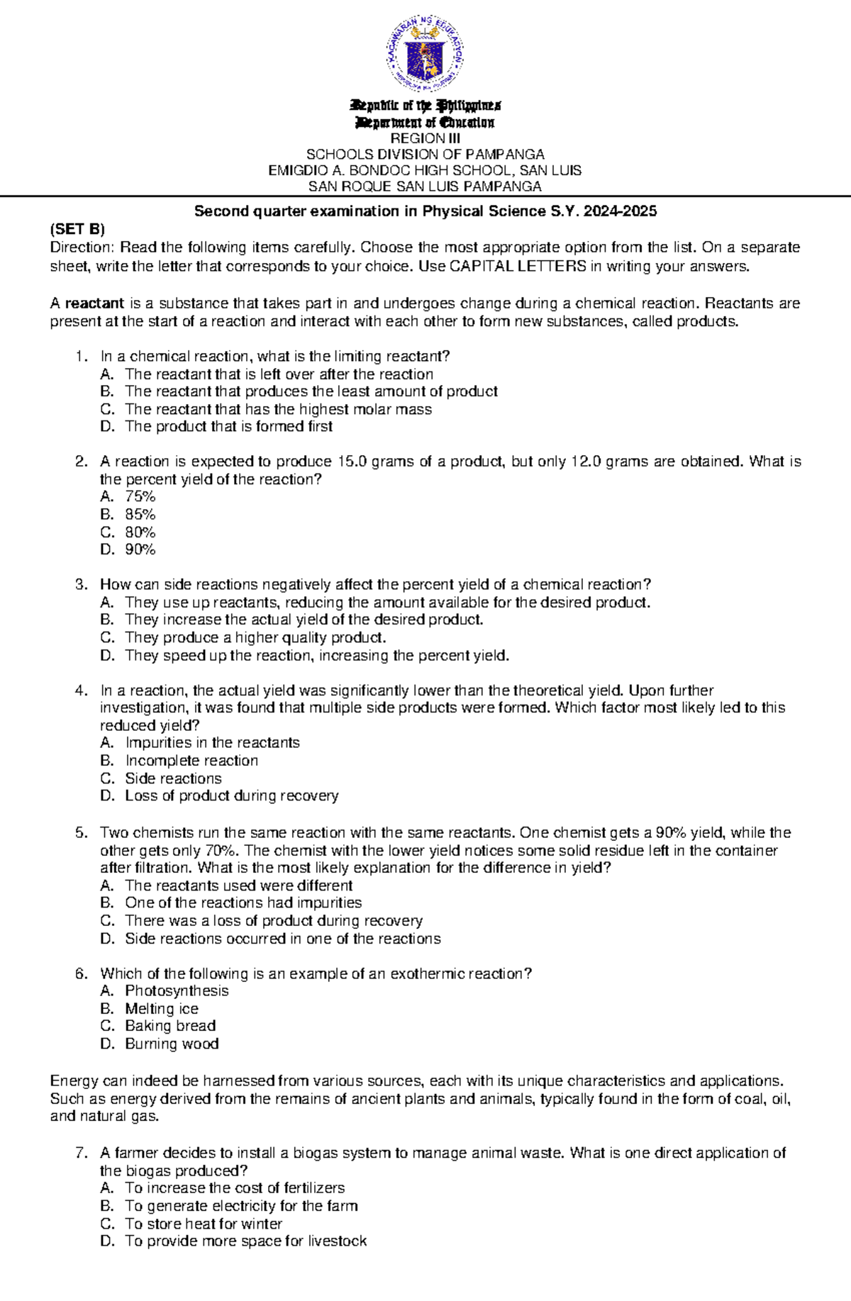 SET B 2nd Quarter Exam in Physical Science 2024-2025 - Studocu