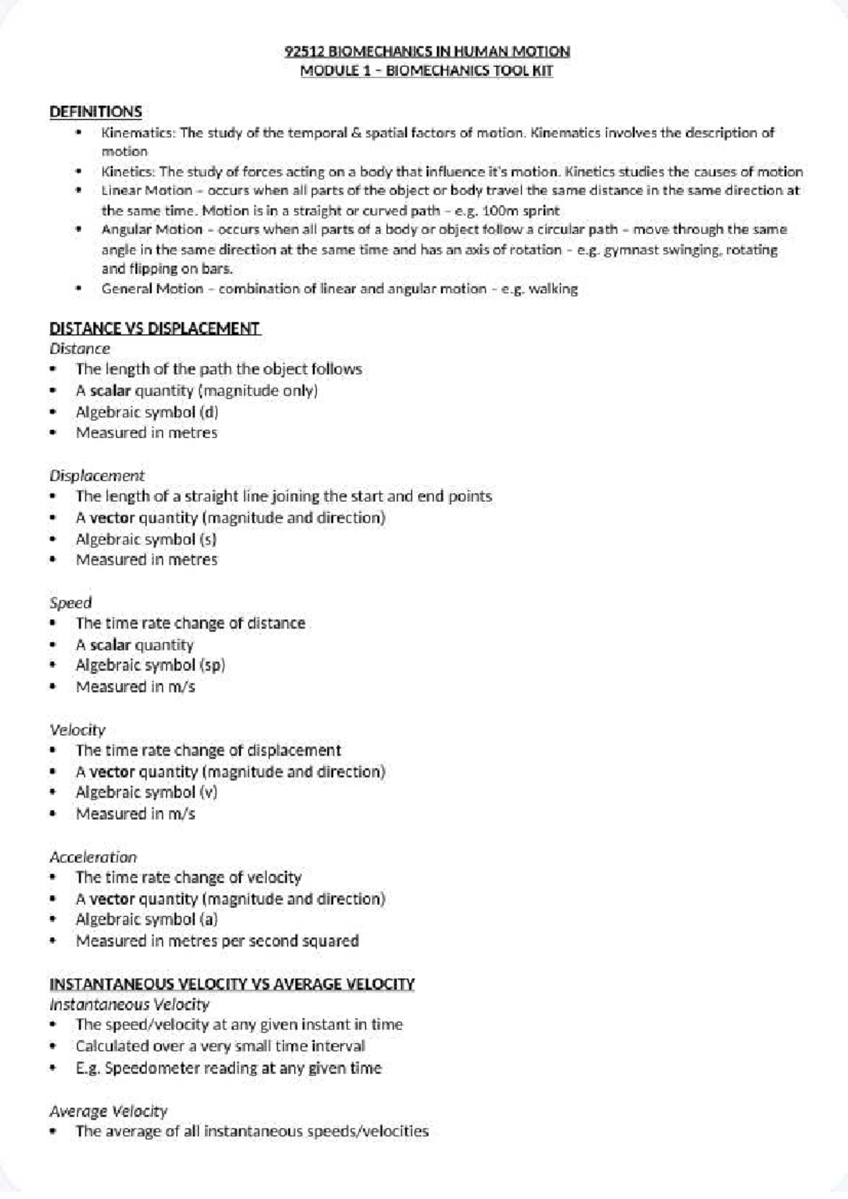 92512 BIOMECHANICS IN HUMAN MOTION MODULE STUDY NOTES - Studocu