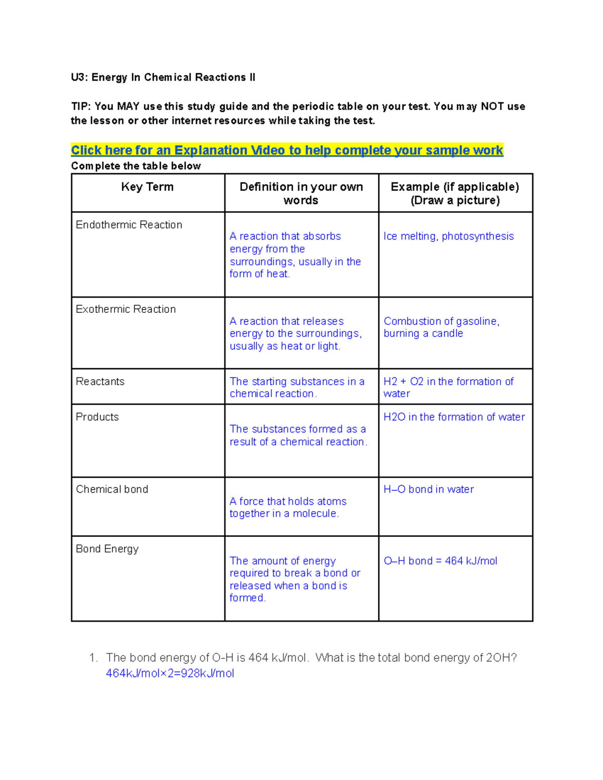 U3: Energy Changes in Chemical Reactions - Study Guide for Chemistry ...
