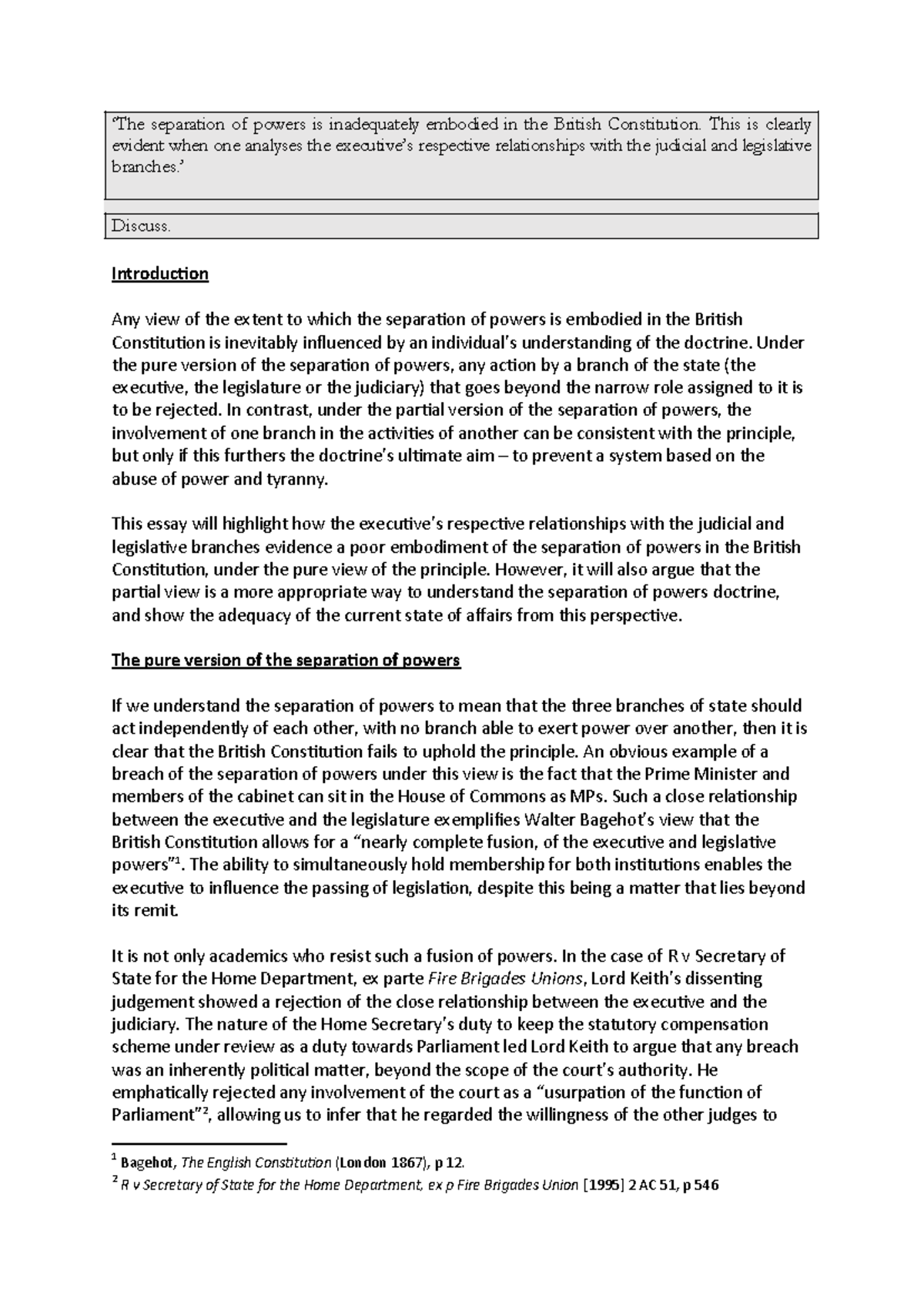 Separation of Powers Essay - Analyzing the British Constitution - Studocu