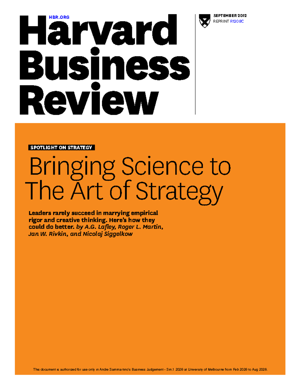 HBR 2012: Spotlight on Strategy - Merging Science with Creativity in ...