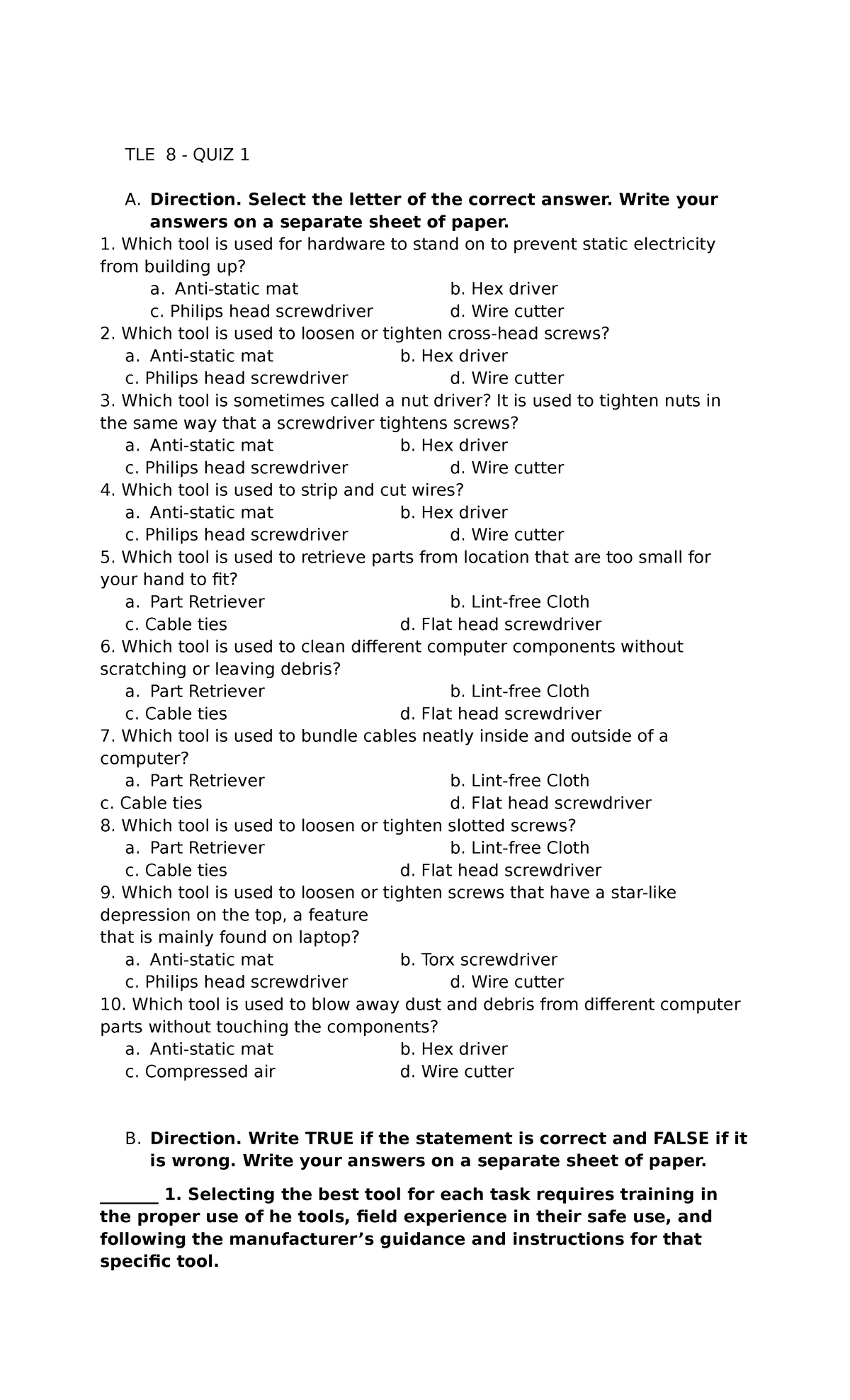 TLE 8 - Q1 Q2 Q3 - SIMPLE EXERCISES - TLE 8 - QUIZ 1 A. Direction ...