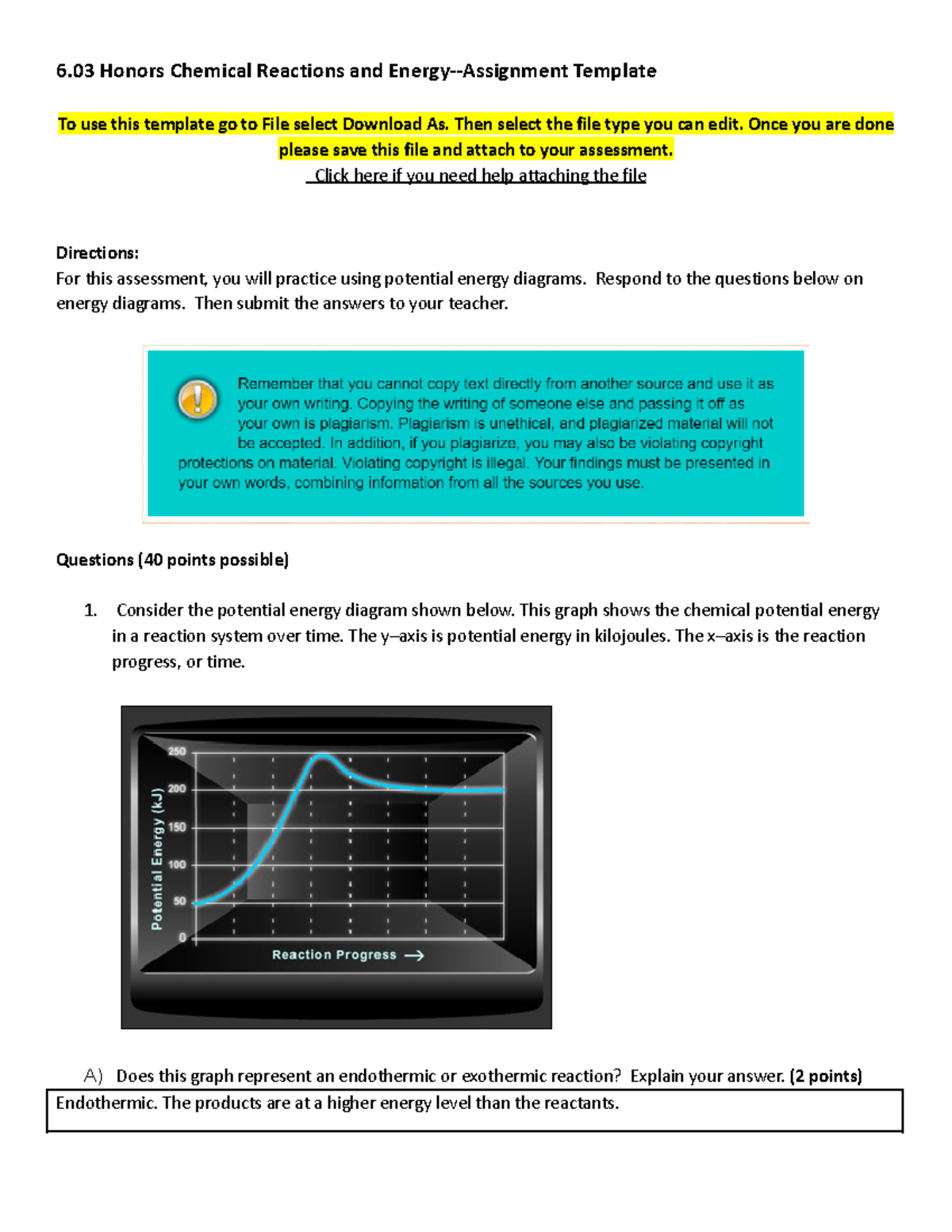 Copy 06.03 Honors Chemical Reactions and Energy Assignment - 6 Honors ...