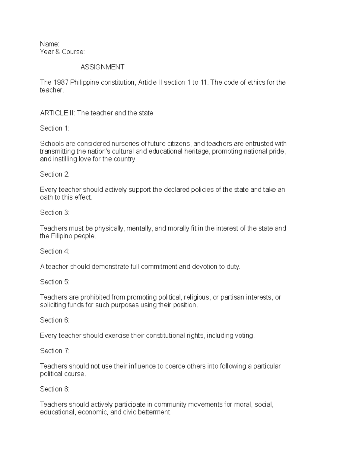 Sample test paper - Name: Year & Course: ASSIGNMENT The 1987 Philippine ...