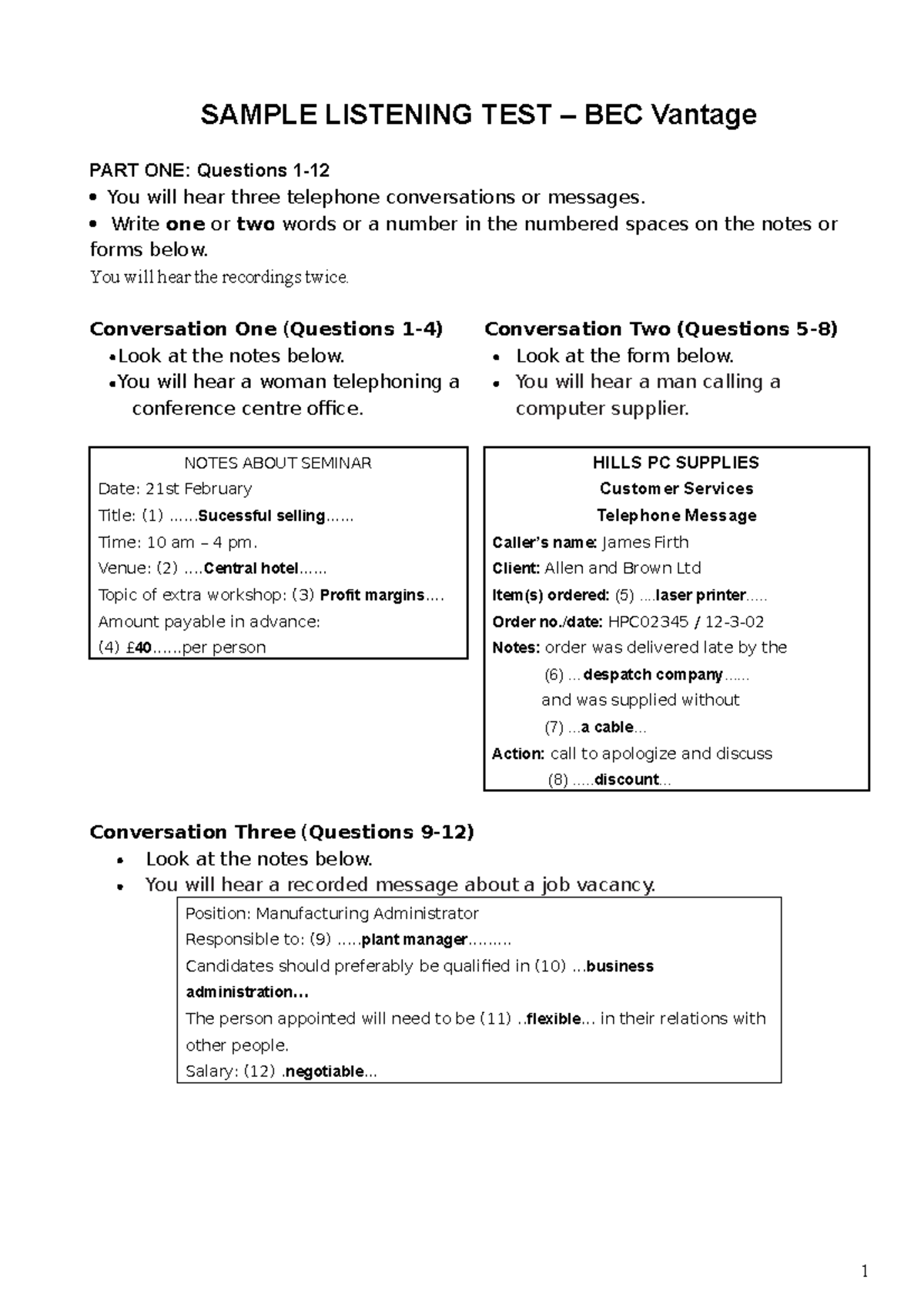 Sample Listening test - SAMPLE LISTENING TEST – BEC Vantage PART ONE ...