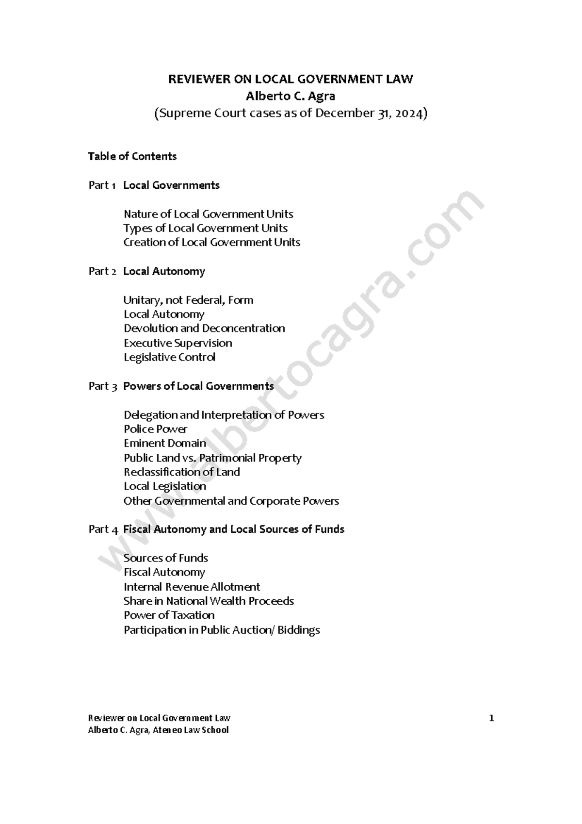 REVIEWER ON LOCAL GOVERNMENT LAW (LGL 101) by Alberto C. Agra - Studocu