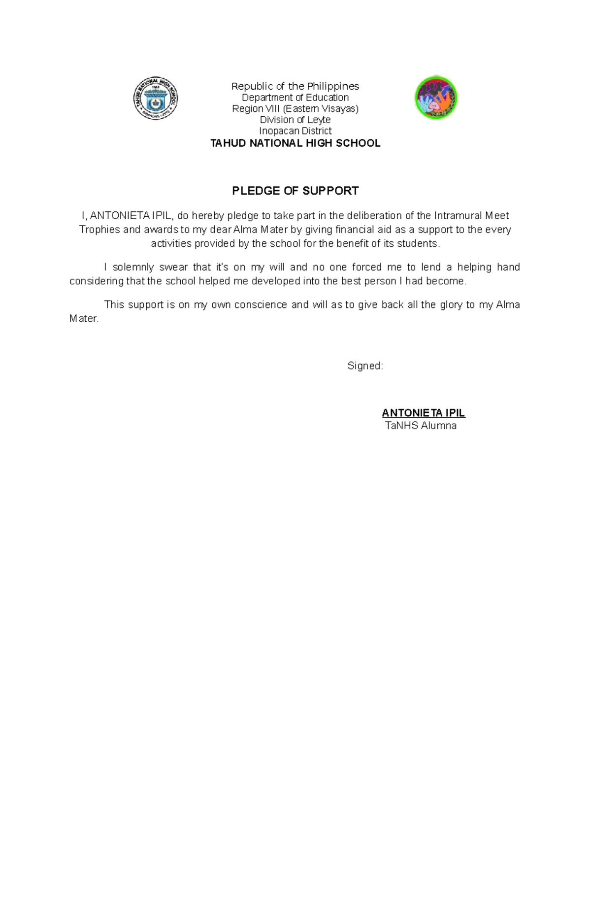 Pledge of support FOR RESOURCE GENERATION - Department of Education ...