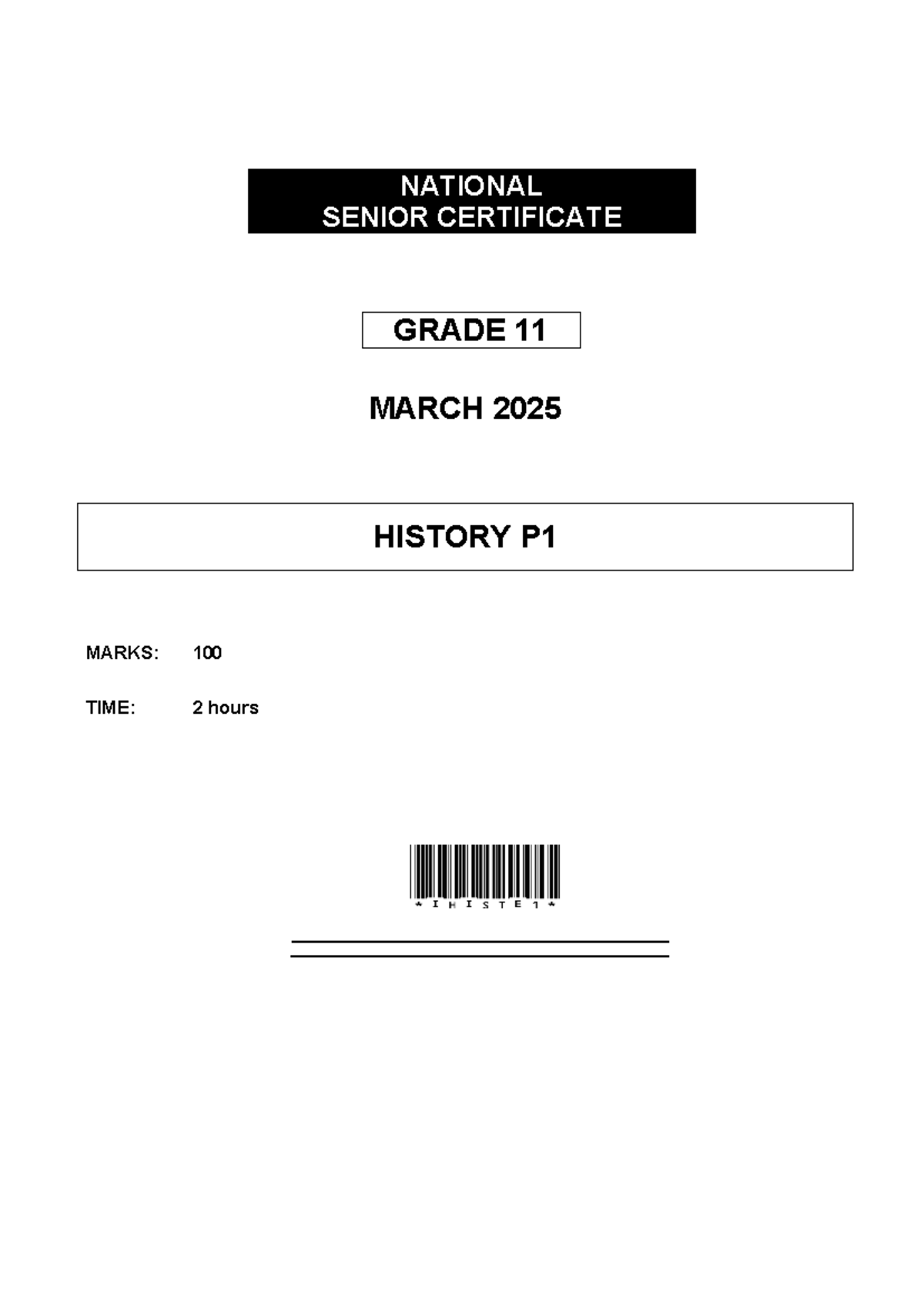 NATIONAL SENIOR CERTIFICATE GRADE 11 MARCH 2025 HISTORY P1 EXAMINATION ...