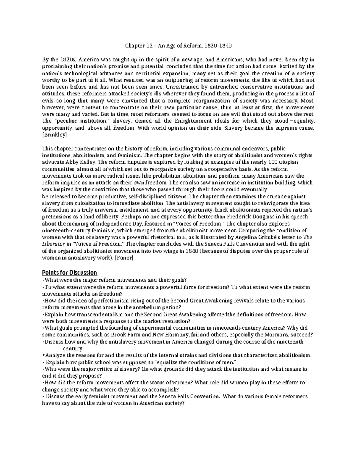 Foner - Chapter 12 Summary: Age of Reform in 1820s America - Studocu