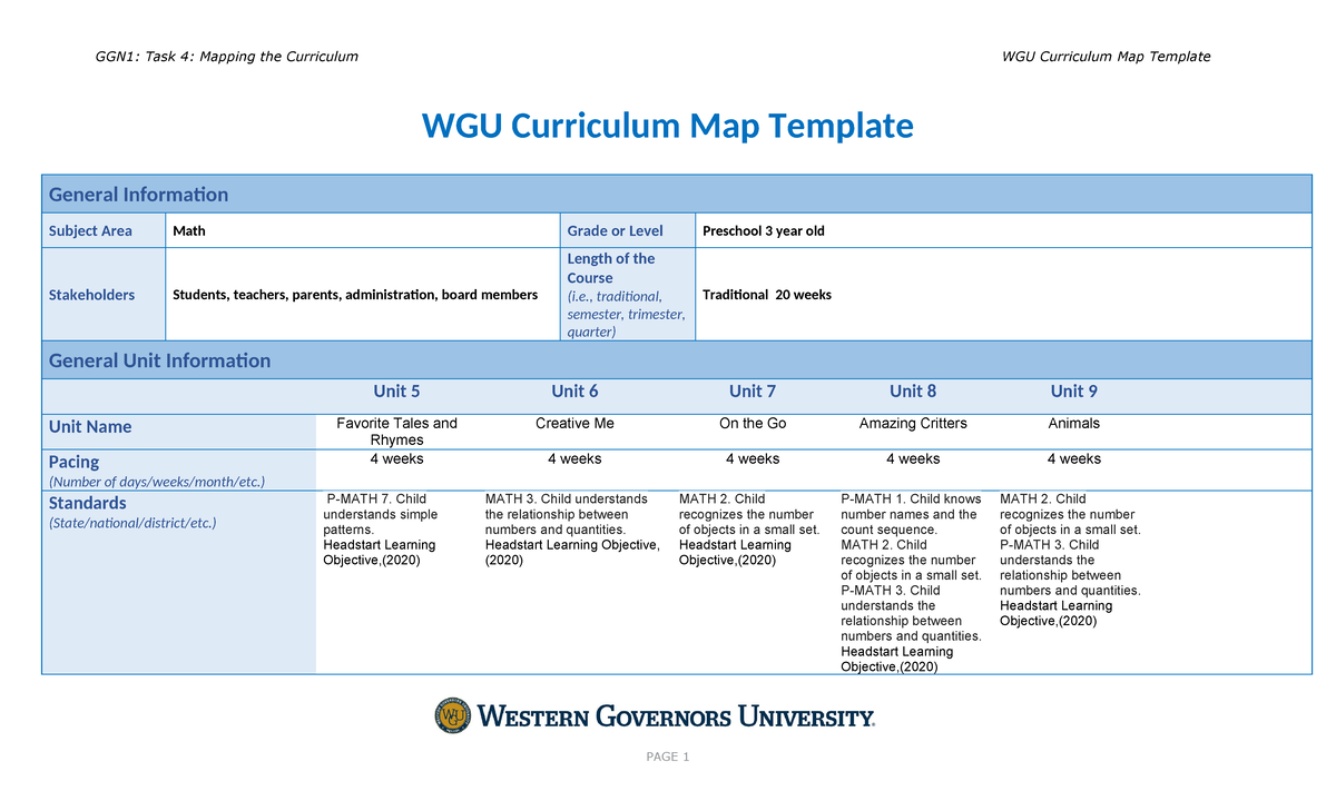 WGU D630 Task 4: Preschool Math Curriculum Map Overview - Studocu