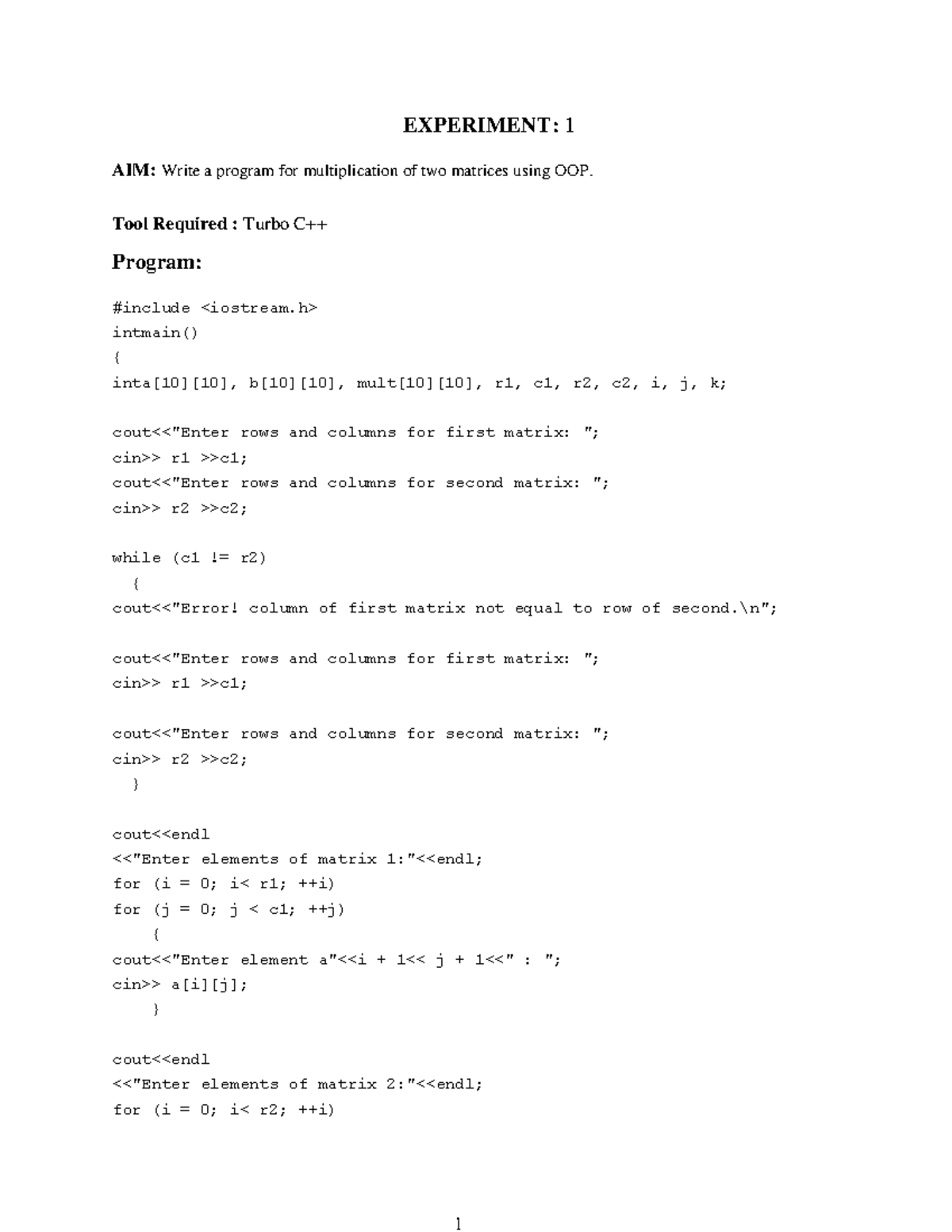 OOP Lab Manual: Matrix Multiplication & Complex Number Operations - Studocu