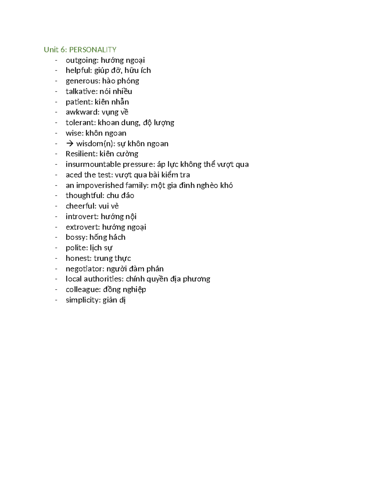Unit 6 - Vocabulary - Unit 6: PERSONALITY - outgoing: hướng ngoại ...