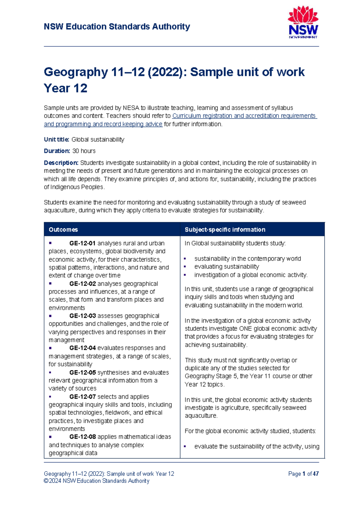 Geography 11-12: Year 12 Sample Unit on Global Sustainability (2022 ...