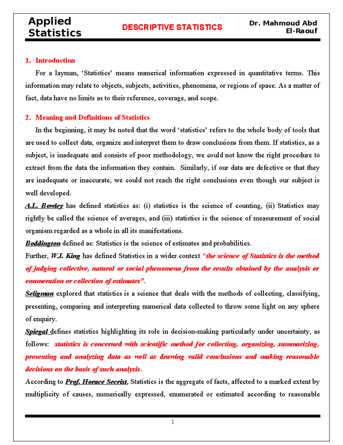 Descriptive Statistics - Statistics DESCRIPTIVE STATISTICS Dr. Mahmoud ...