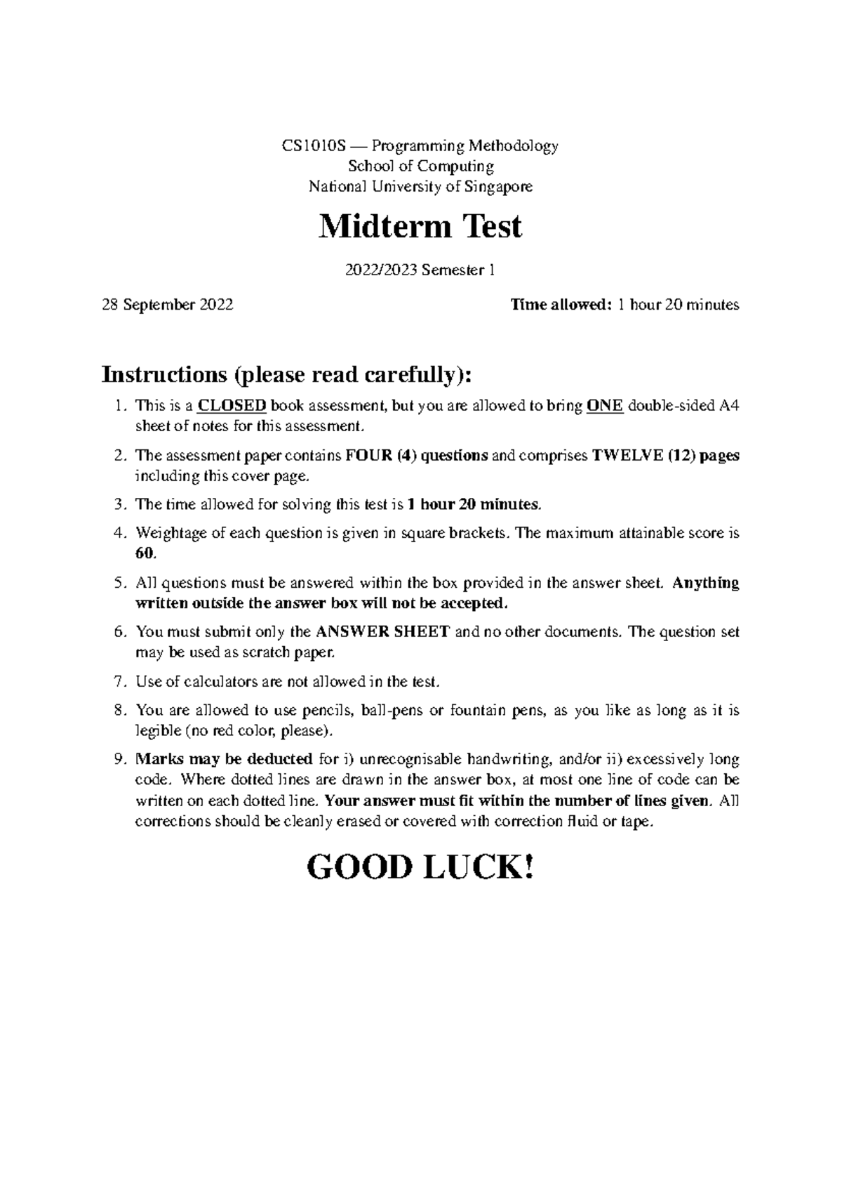 CS1010S Programming Methodology Midterm Test Solutions October 2022 ...