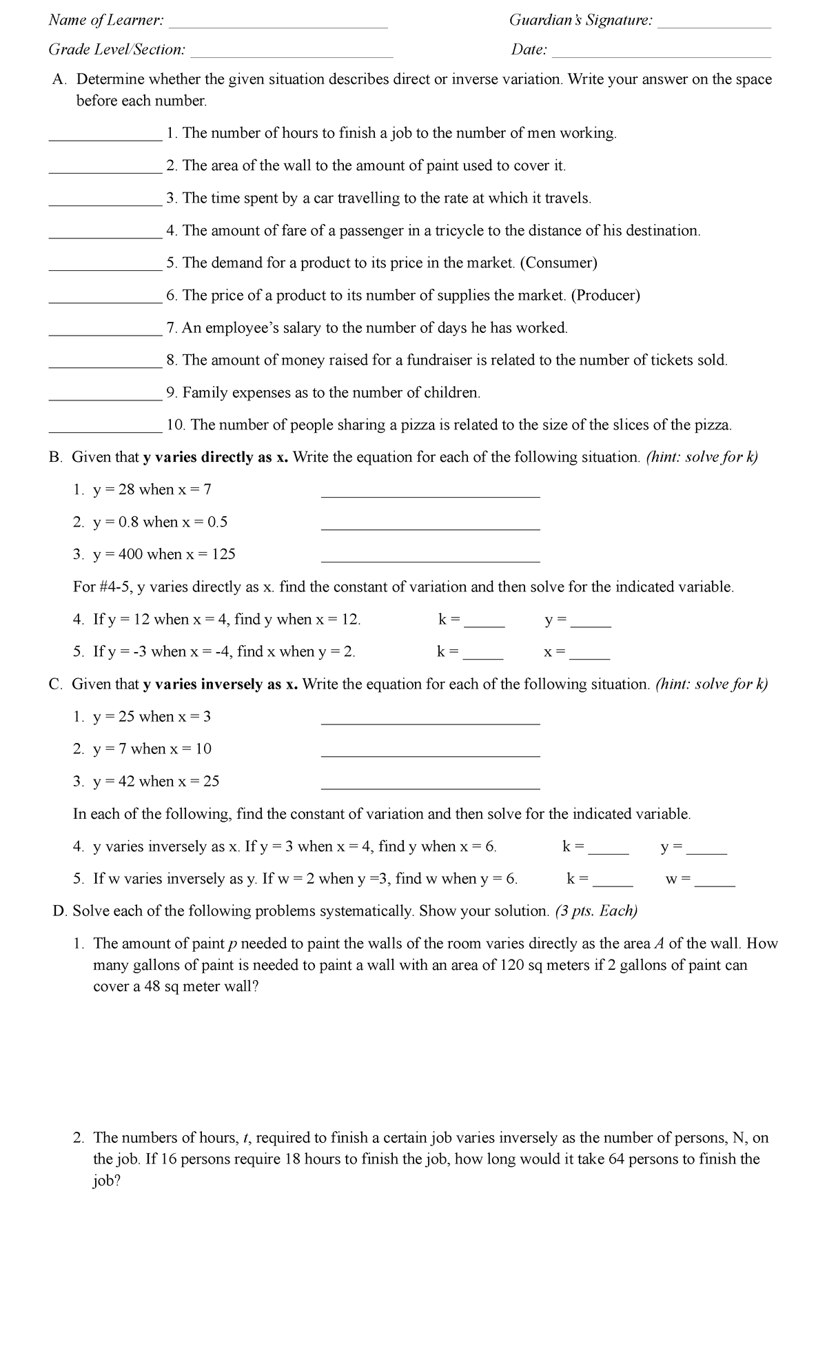 Math 9 Variations Worksheet: Direct & Inverse Problems - Studocu