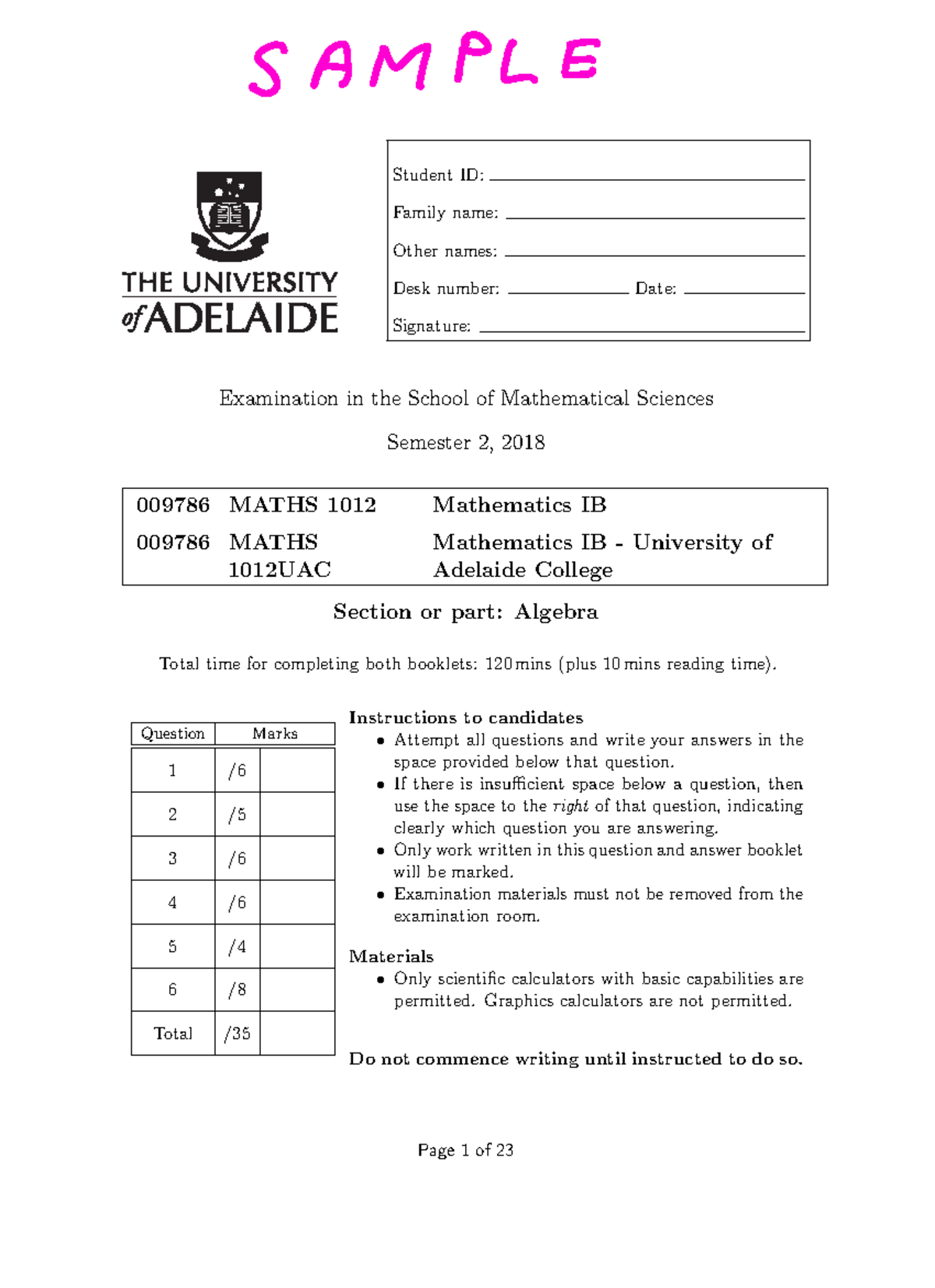 IB MATHS 1012: Sample Solutions for Algebra Exam - Studocu