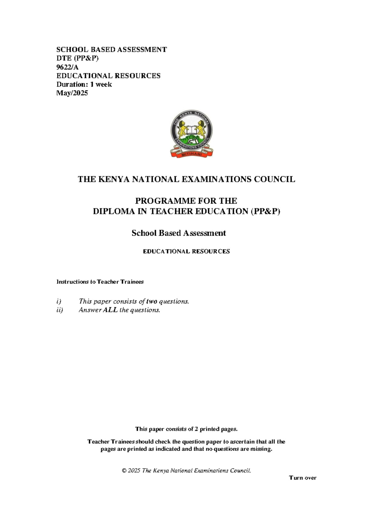 School Based Assessment DTE - Educational Resources QP 2025 - Studocu