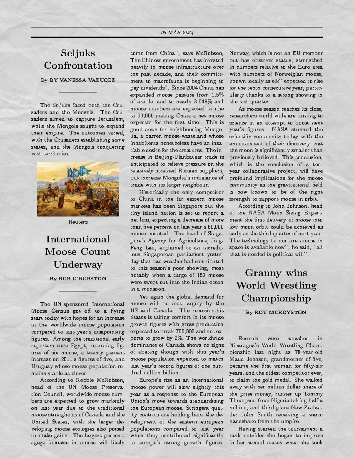 History Assignments: Seljuks Confrontation & Moose Census Insights ...