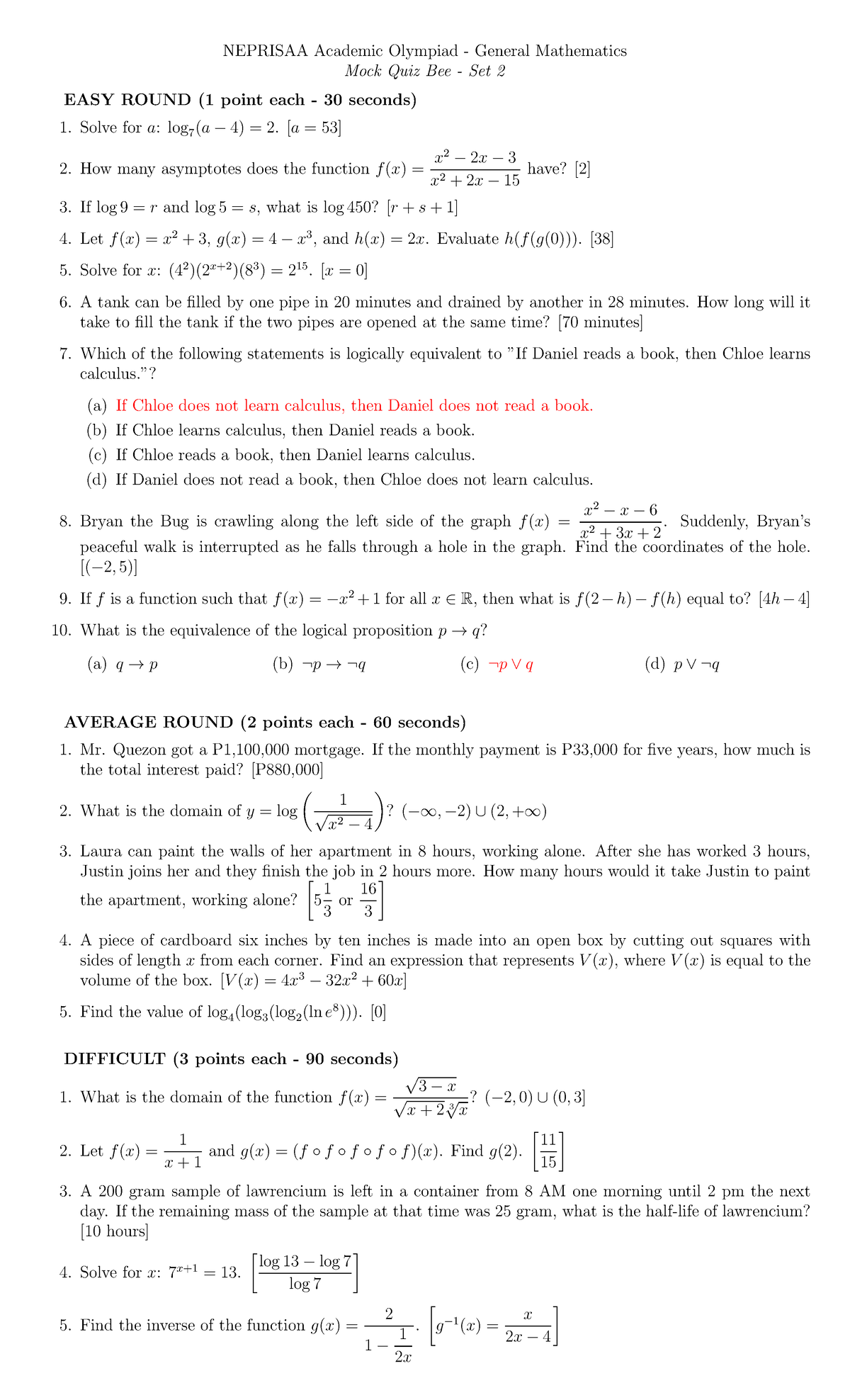 NEPRISAA Academic Olympiad General Math Mock Quiz Bee Set 2 - Studocu